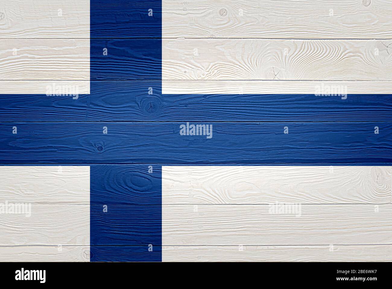 Finland flag painted on old wood plank background. Brushed natural ...