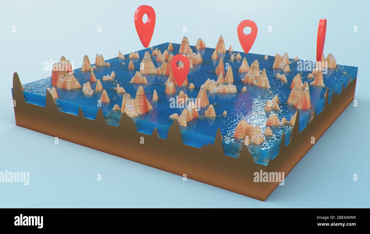Cross section 3D Map with red point markers. Contour lines on a ...
