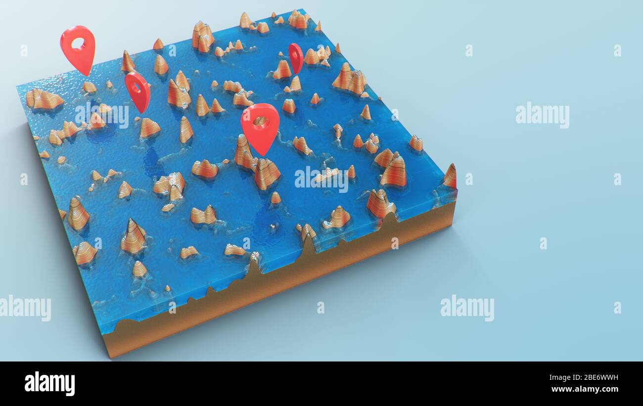 Cross section 3D Map with red point markers. Contour lines on a ...