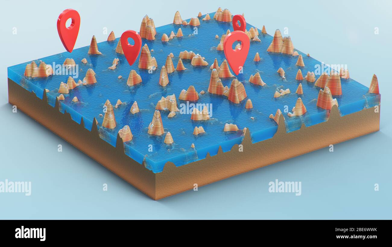 Red pointers, markers on the 3D map navigation. Contour lines on a ...