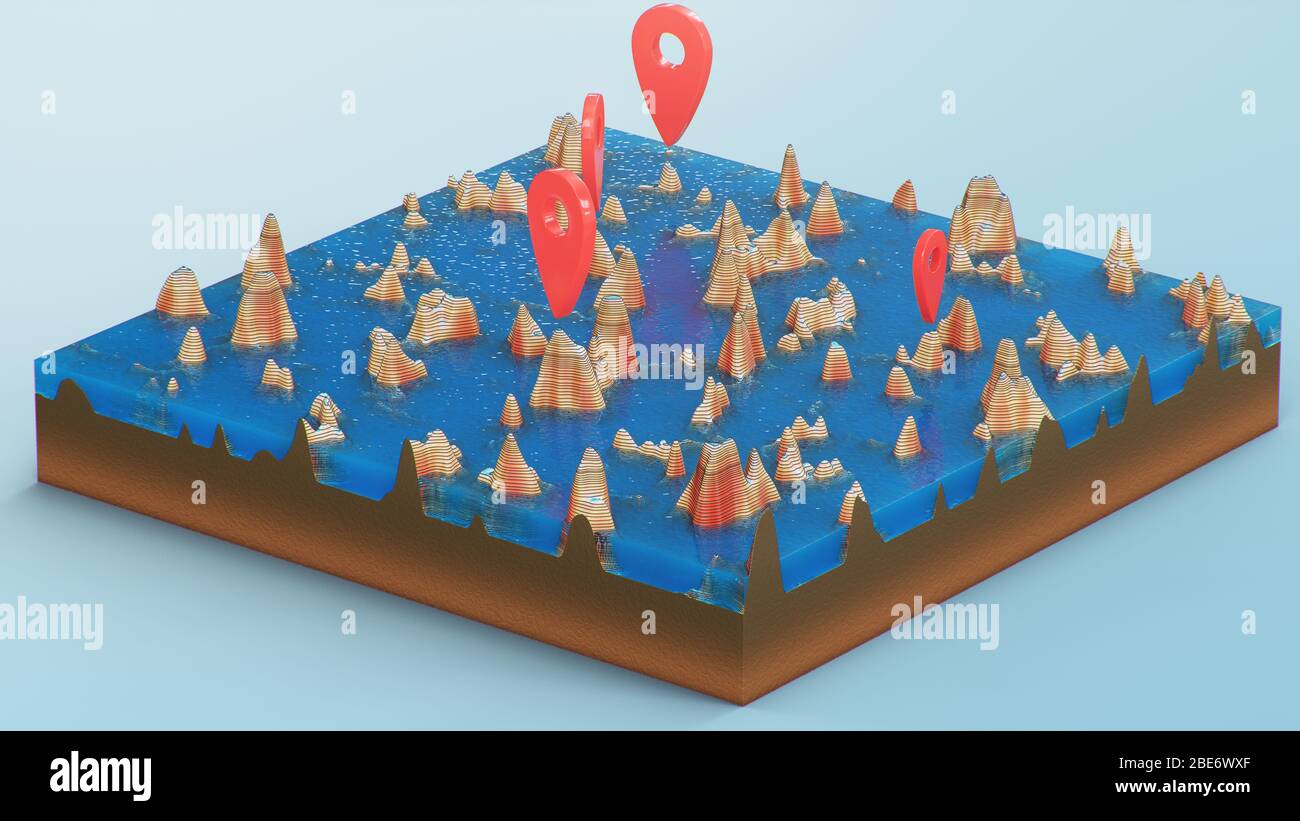 Red pointers, markers on the 3D map navigation. Contour lines on a ...