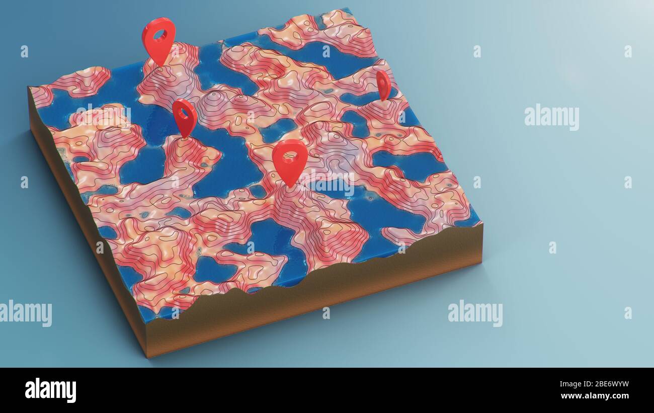 Cross section 3D Map with red point markers. Contour lines on a ...