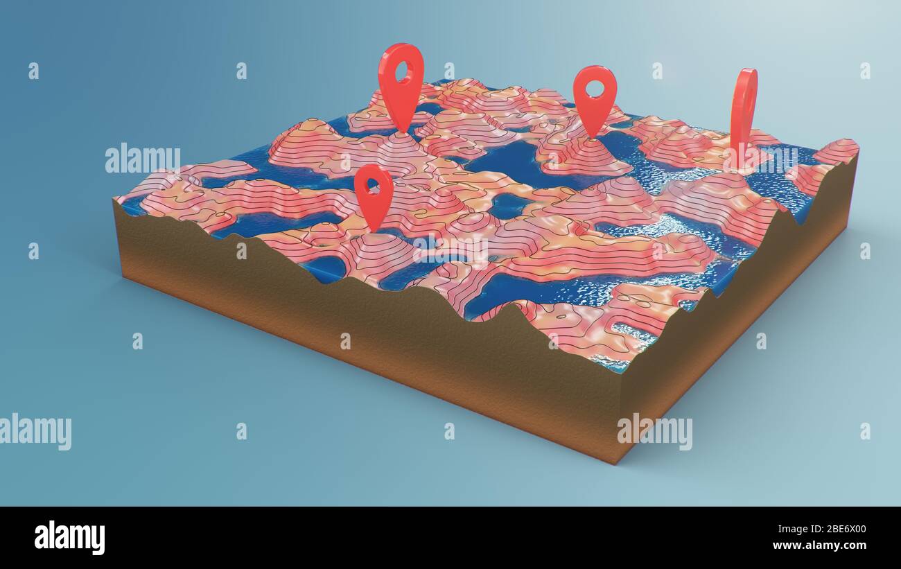 Cross section 3D Map with red point markers. Contour lines on a ...