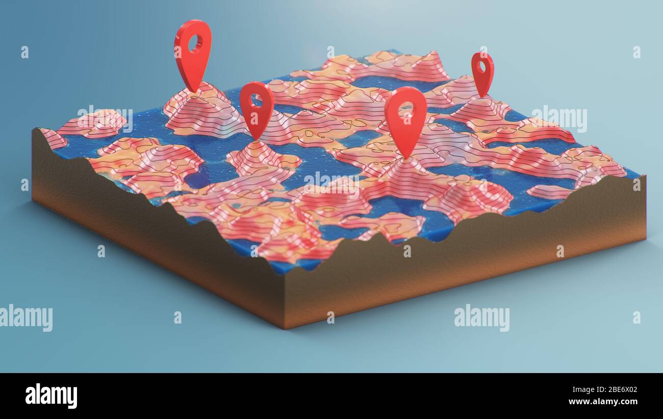 Red pointers, markers on the 3D map navigation. Contour lines on a ...