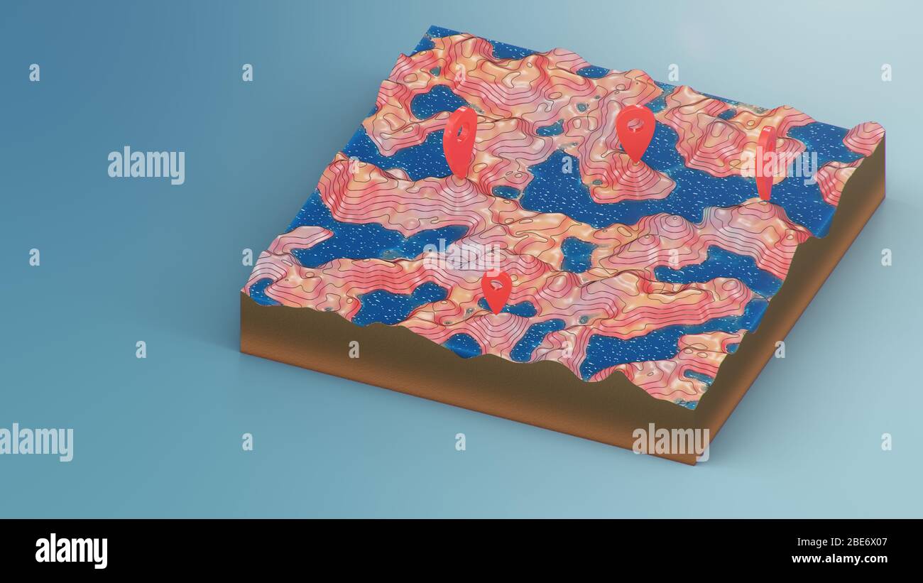 Red pointers, markers on the 3D map navigation. Contour lines on a ...