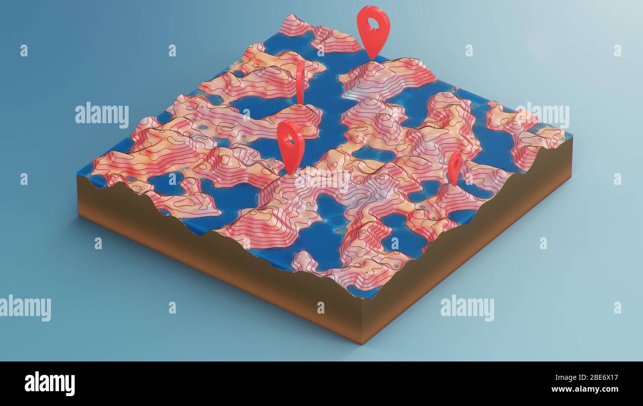 Red pointers, markers on the 3D map navigation. Contour lines on a ...