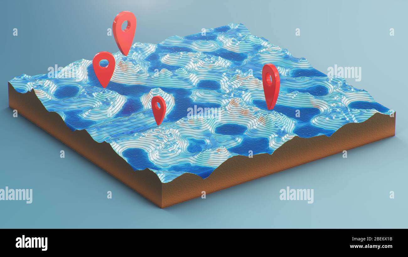 Cross section 3D Map with red point markers. Contour lines on a ...
