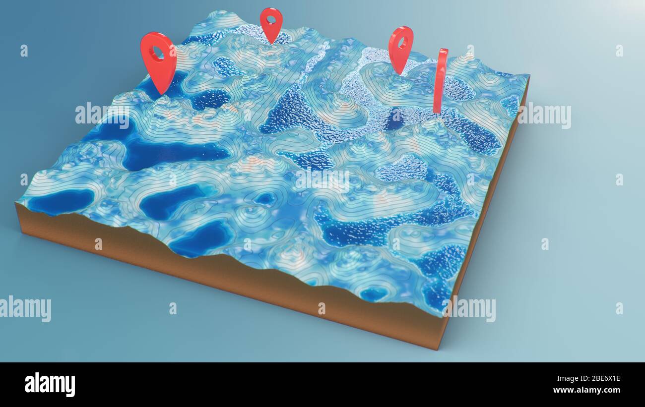 Cross section 3D Map with red point markers. Contour lines on a ...