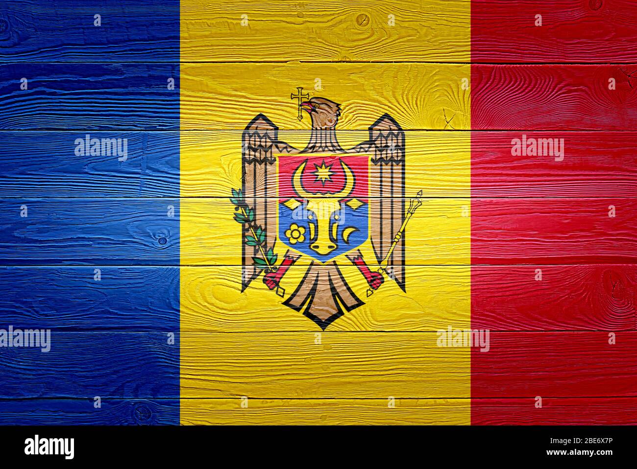Moldova flag painted on old wood plank background. Brushed natural ...