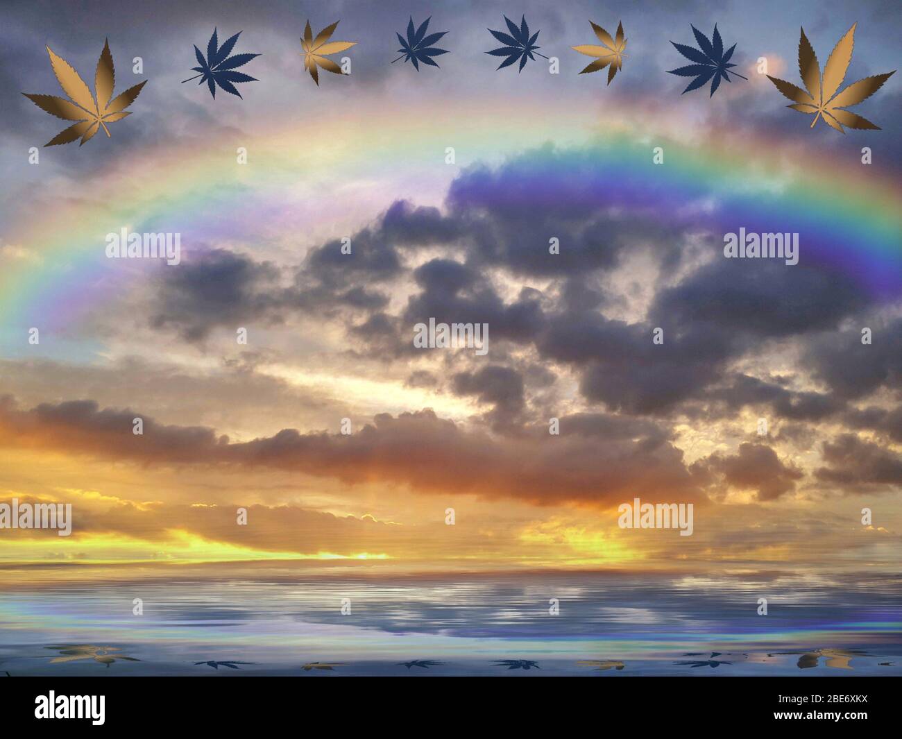 Natural background with cannabis leaves isolated in clouds sky ...