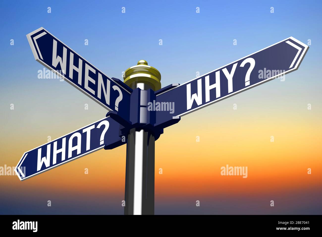 3D illustration/ 3D rendering - signpost with three arrows - questions ...