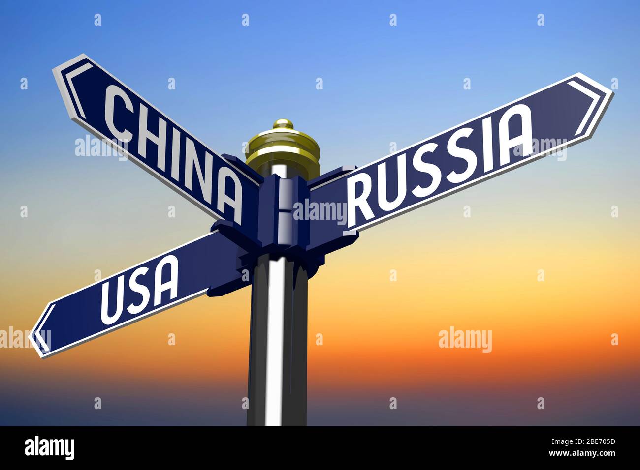 3D illustration/ 3D rendering - signpost with three arrows - Usa ...