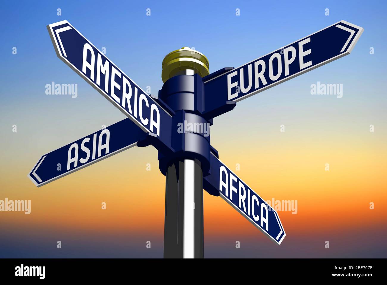 3D illustration/ 3D rendering - signpost with four arrows - continents ...