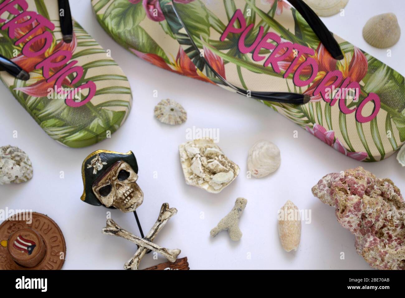 souvenirs from Puerto Rico San Juan, flat lay on the white background ...
