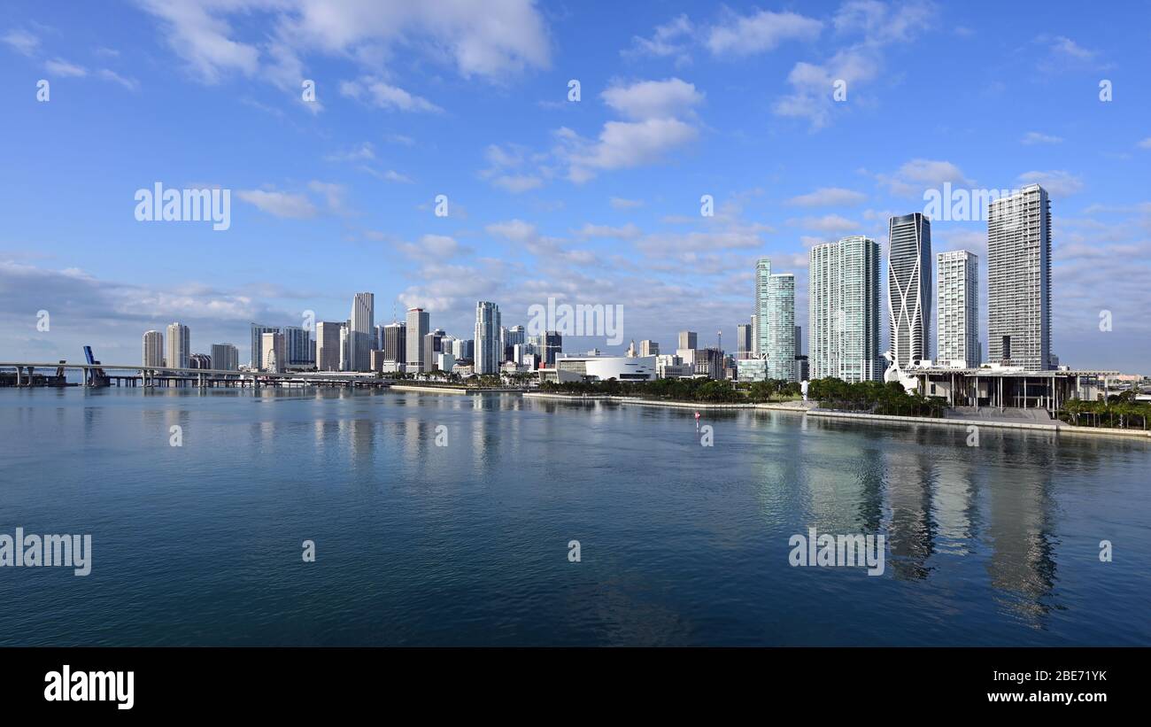 Miami, Florida - April 4, 2020 - City of Miami skyline reflected in ...