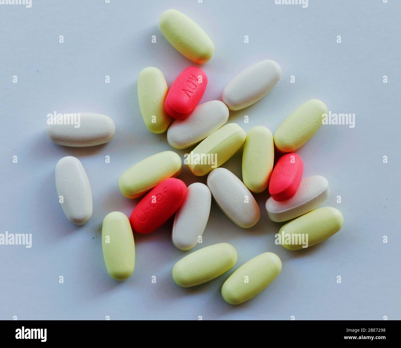different kinds of tablets and medicine on a white background Stock ...