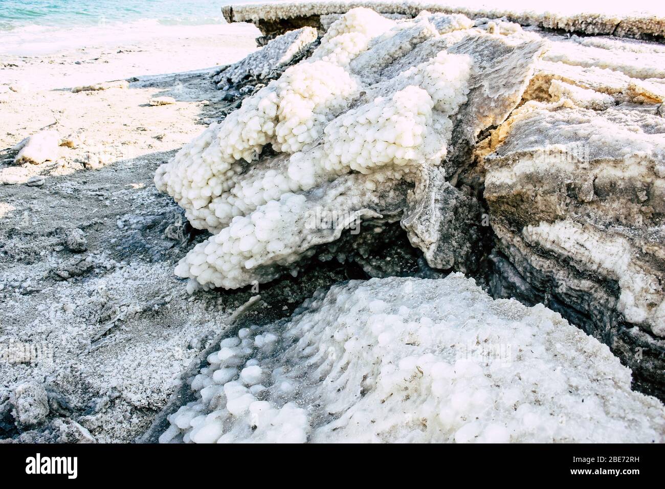 Dead Sea Israel April 21, 2018 Closeup of crystal salt from the Dead ...