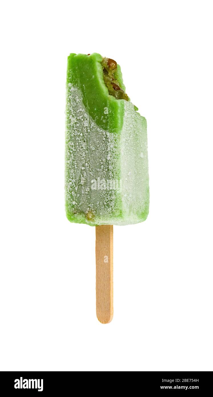 green bean popsicle with some bites on a white background Stock Photo ...