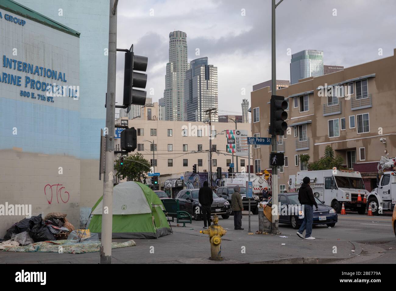 The corner of San Pedro street in Skid Row district of Downtown of Los ...