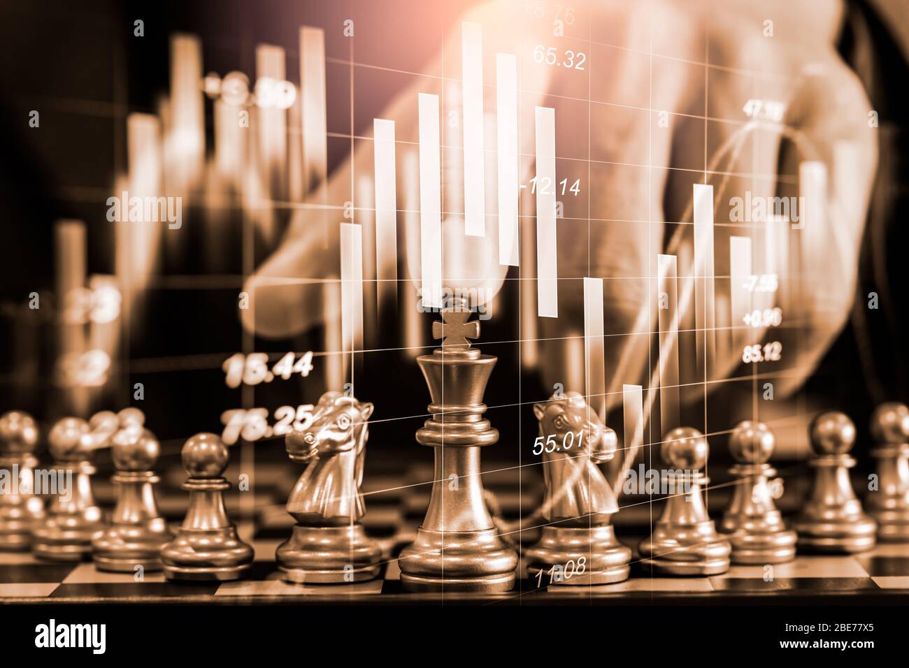 Chess game on chess board on stock market or forex trading graph chart ...
