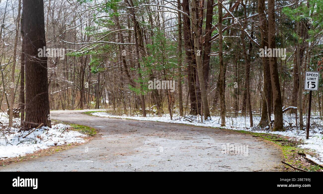 A paved road in the woods with a 15 MPH sign on the side in Brokenstraw ...