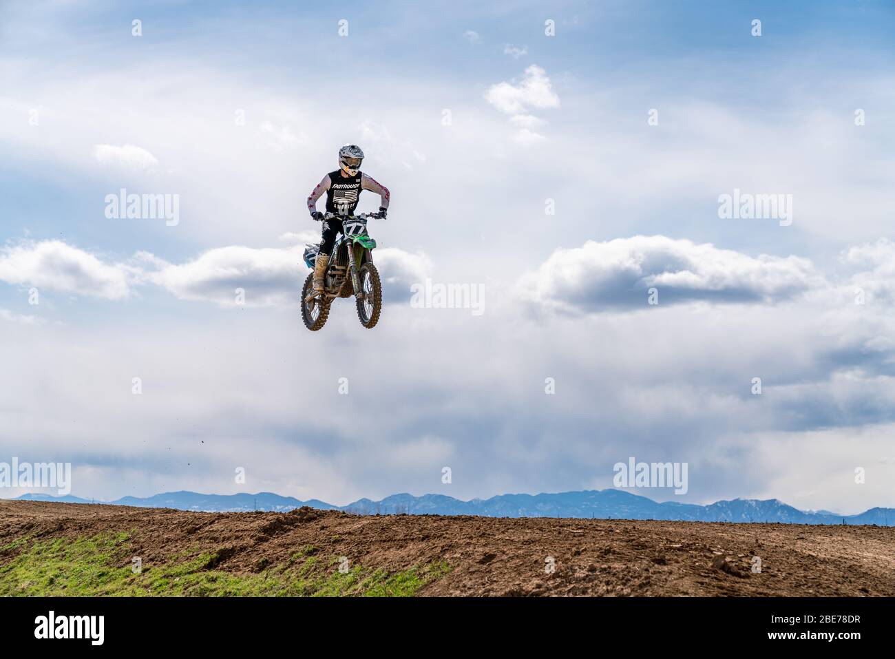 Dacono, CO/ USA- March29, 2020 Motocross riders race around the track ...