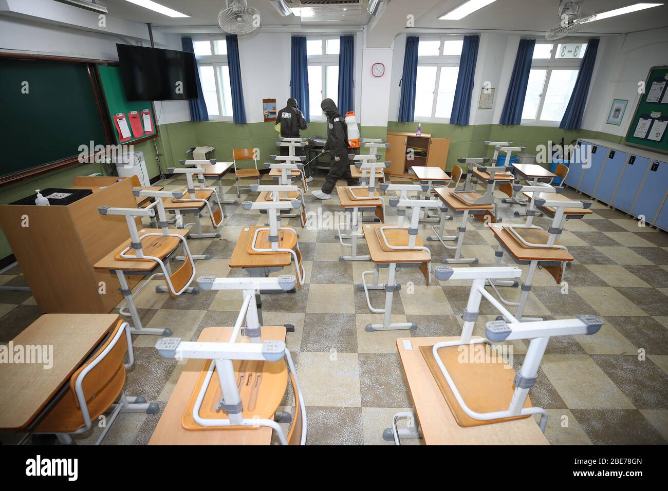 13th Apr, 2020. Disinfection in classrooms Soldiers from the Army's ...