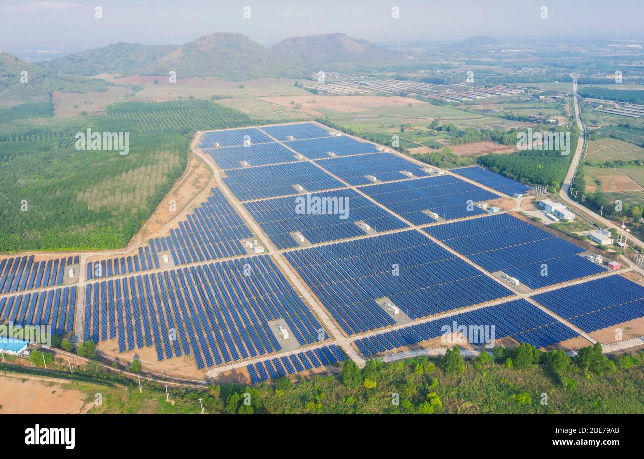 Solar cell energy farm. High angle view of solar panels on an energy ...