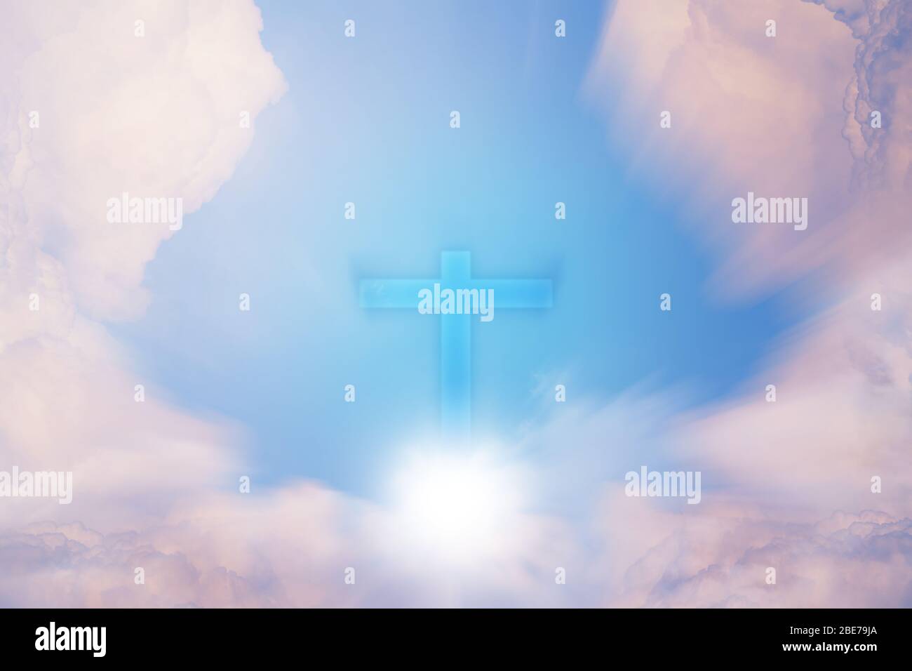 Conceptual wood cross or religion symbol shape over a sky with clouds ...