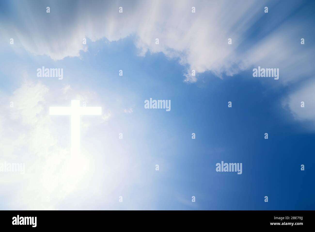 Conceptual wood cross or religion symbol shape over a sky with clouds ...