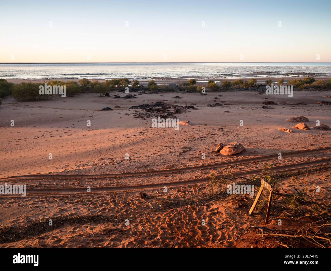 Tyre tracks along the beach and mangroves at sunrise, Roebuck Bay ...
