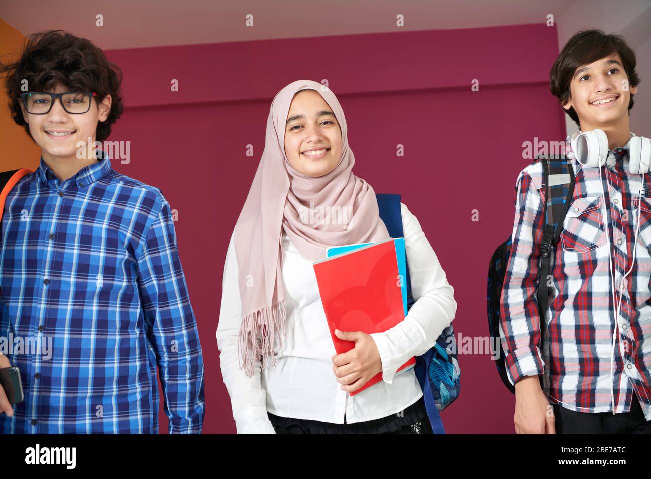 Arabic teenagers group, students team walking forward in future and ...