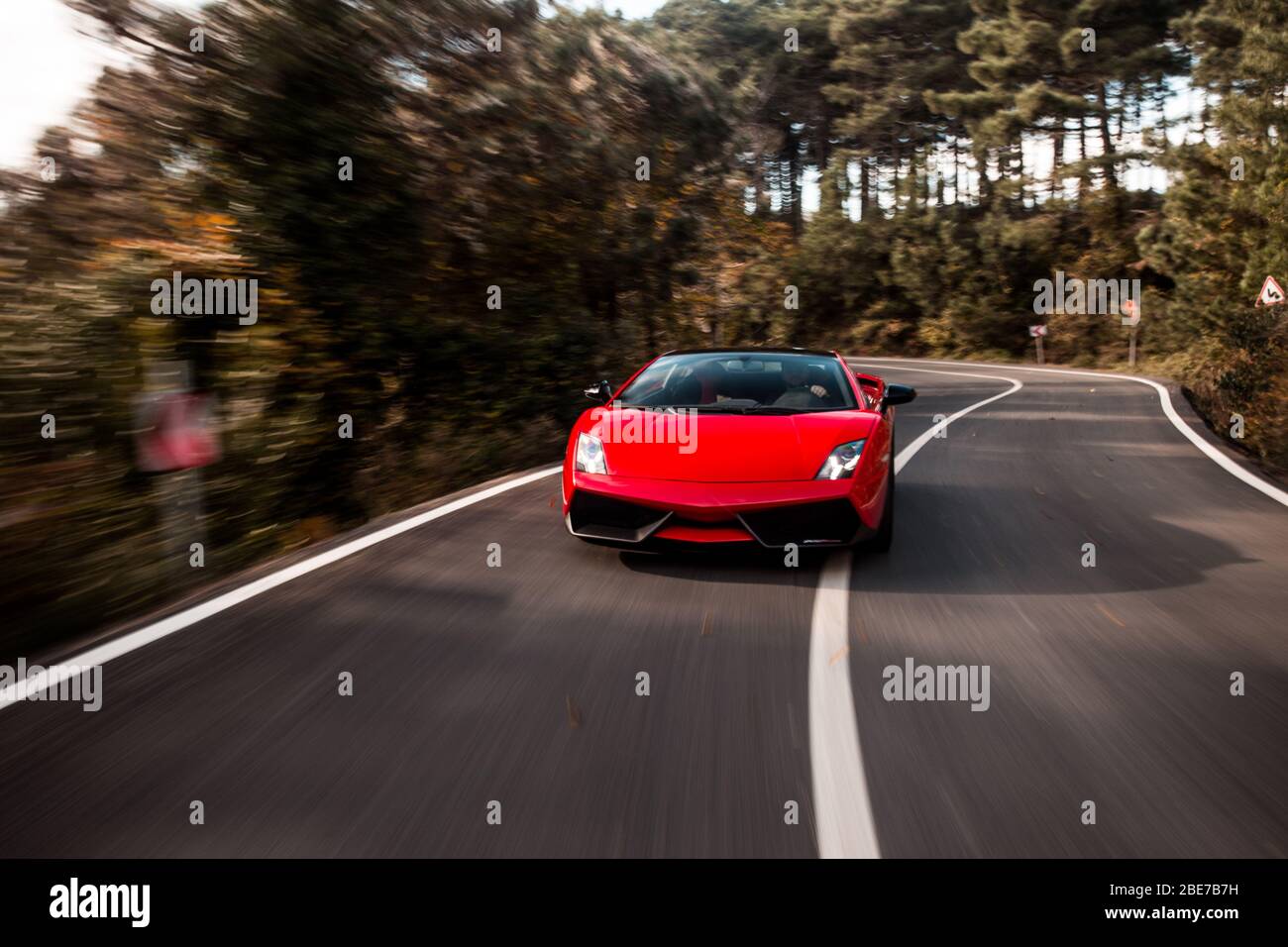 Red super model car in the darkness on the forest,driving curved roads ...
