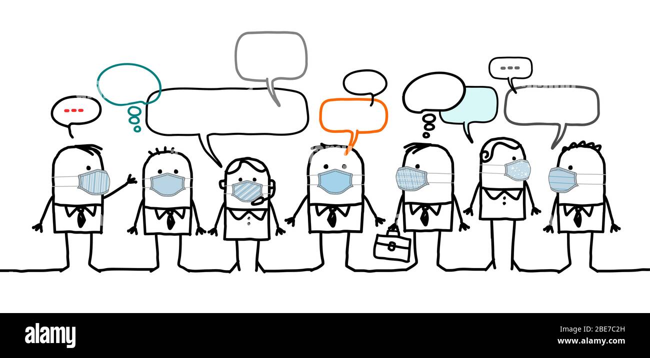 Hand drawn Cartoon business people with protection masks and social ...