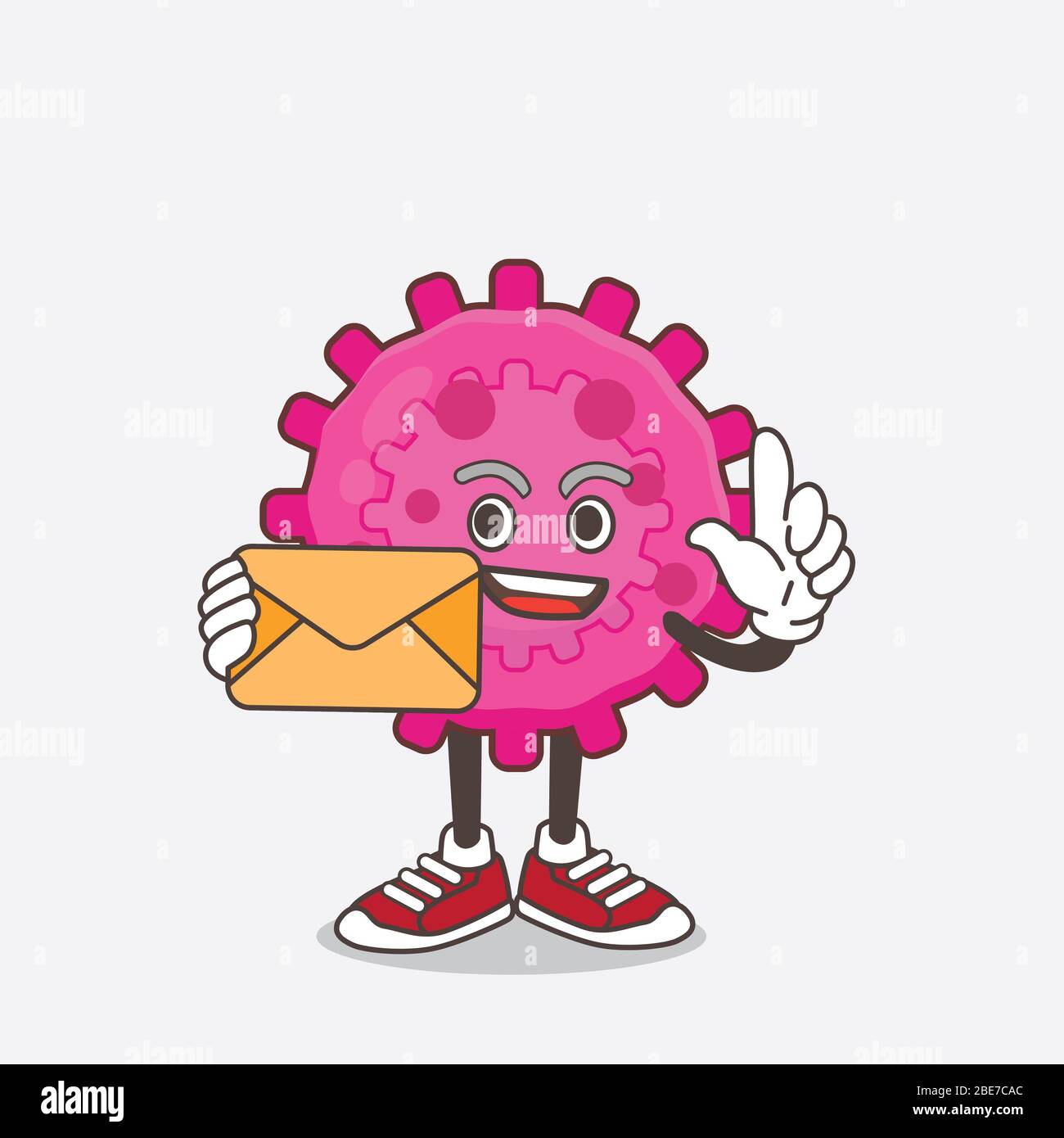 An illustration of Pink Virus cartoon mascot character holding an ...