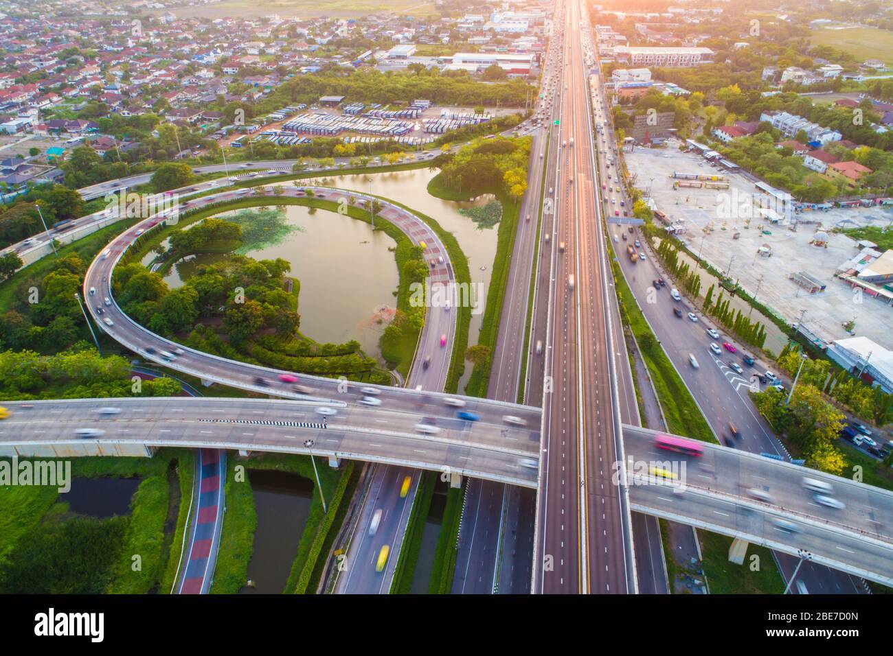 Aerial view traffic junction road with U turn lane city transport ...