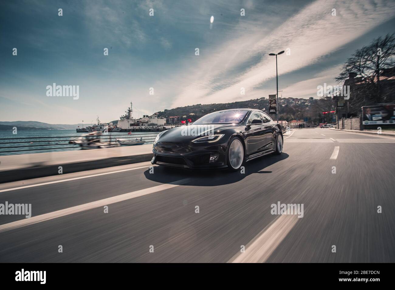 Black car in the seaside, front view Stock Photo - Alamy