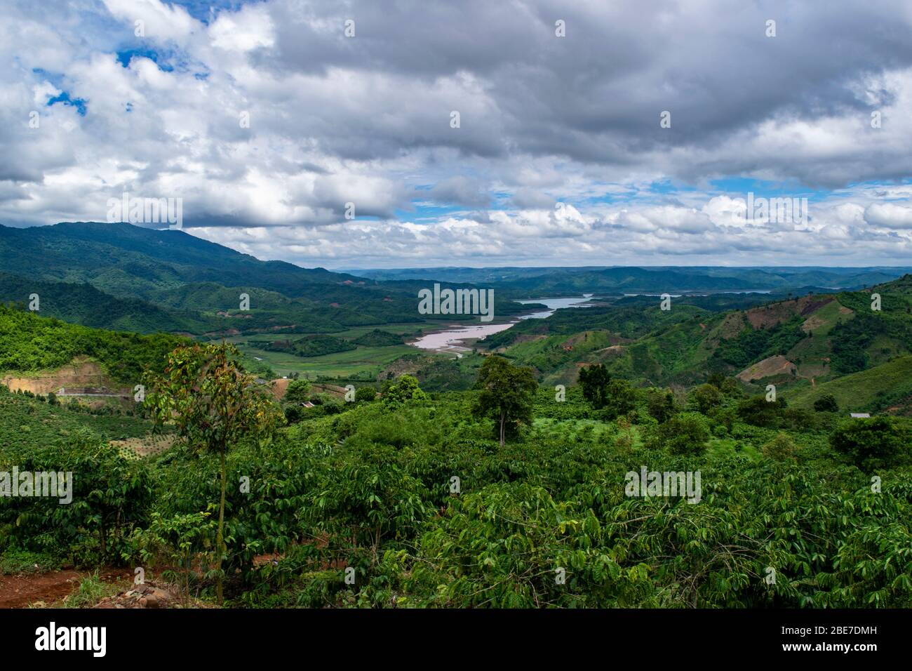 Landscape of lush Mountainous Terrain around a Reservoir Stock Photo ...