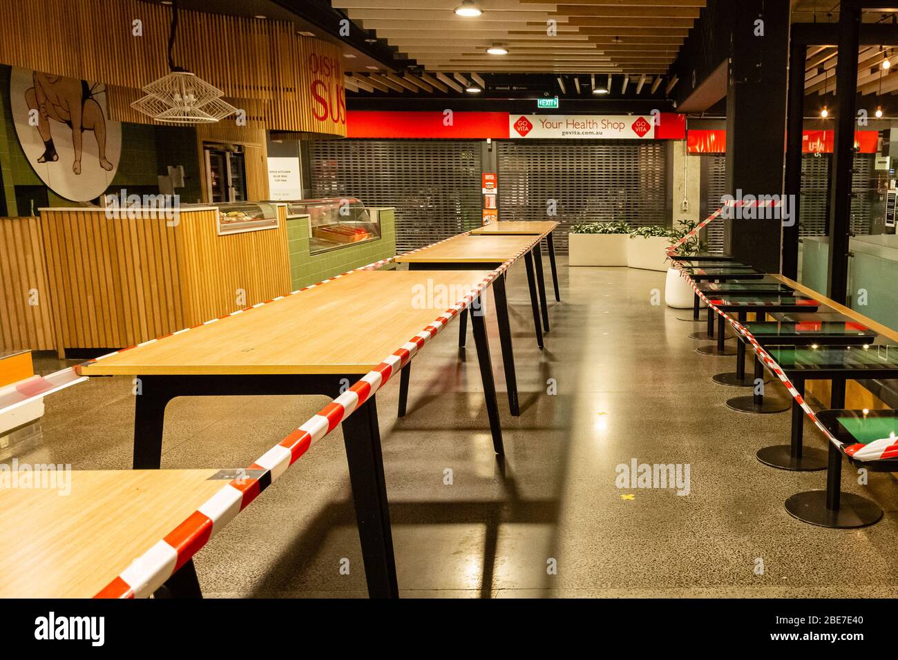 Melbourne, Australia, 12 April, 2020. Dining areas, restaurants and ...