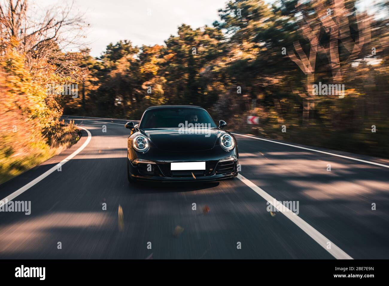 Black super model sedan car on the forest road in the autumn time Stock ...