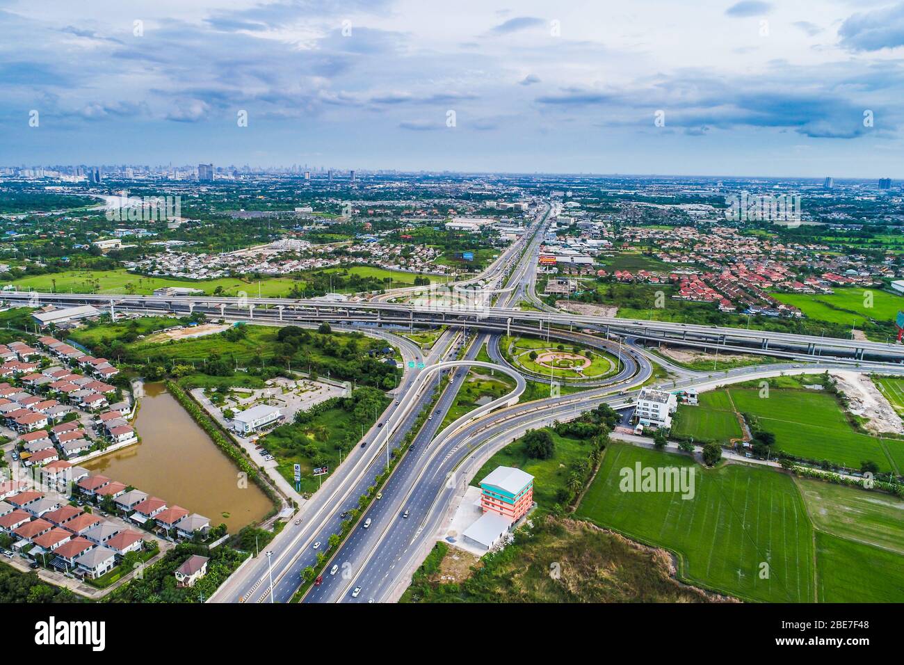 Transport junction traffic green city road aerial view modern road ...
