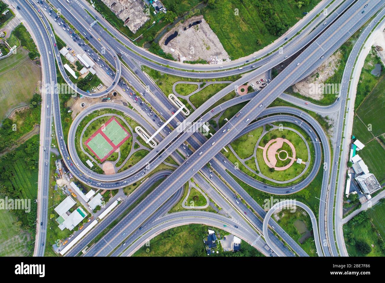 Transport junction traffic green city road aerial view modern road ...