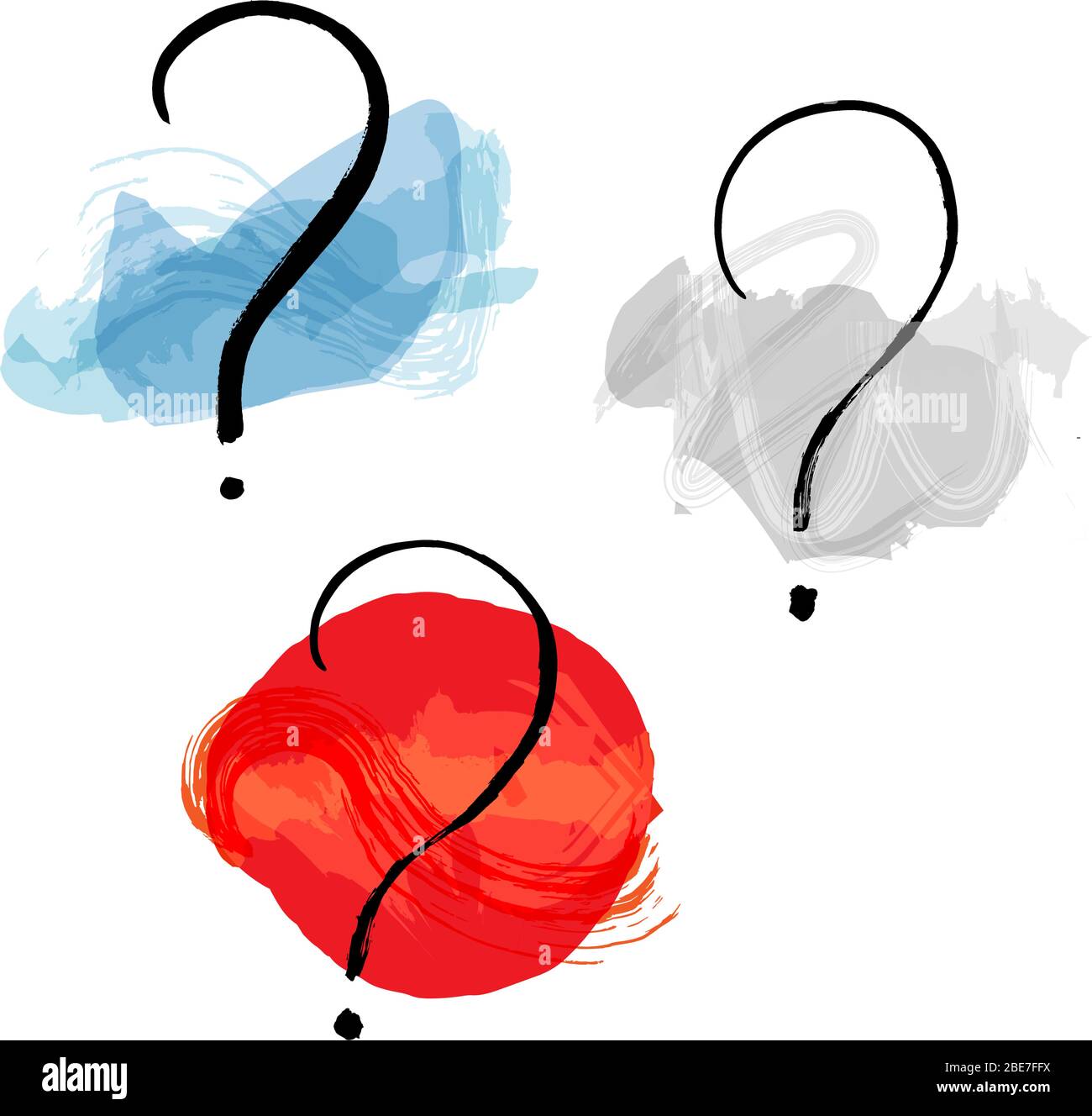Vector question marks set, hand drawn in ink with watercolor brush ...