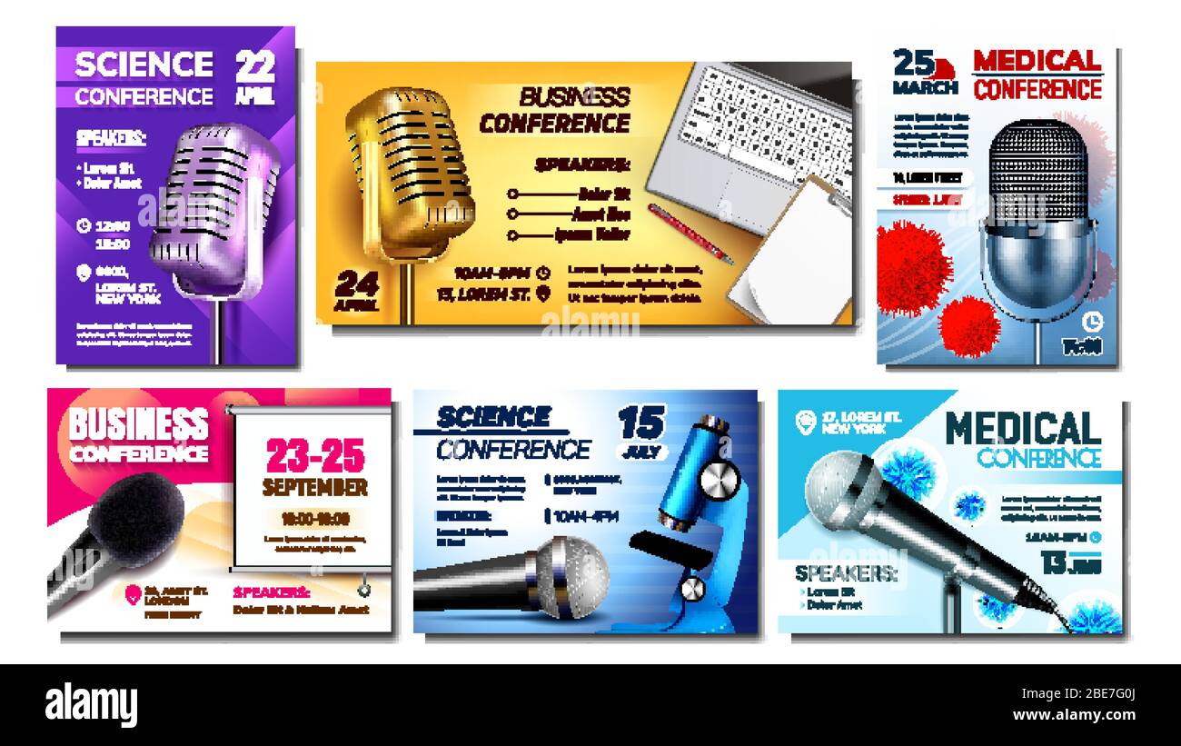 Conference Creative Advertising Posters Set Vector Stock Vector Image ...