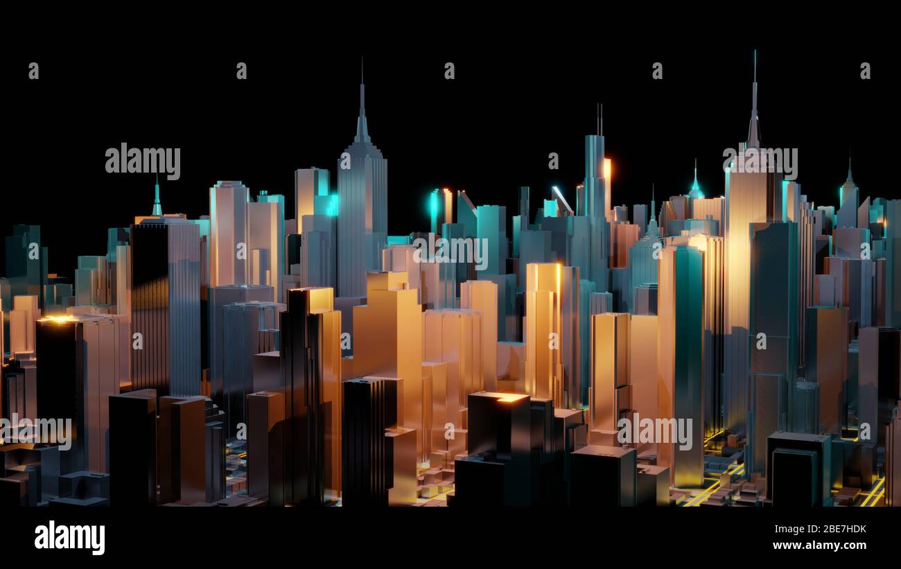 Abstract 3d city rendering with lines and digital elements. Digital ...