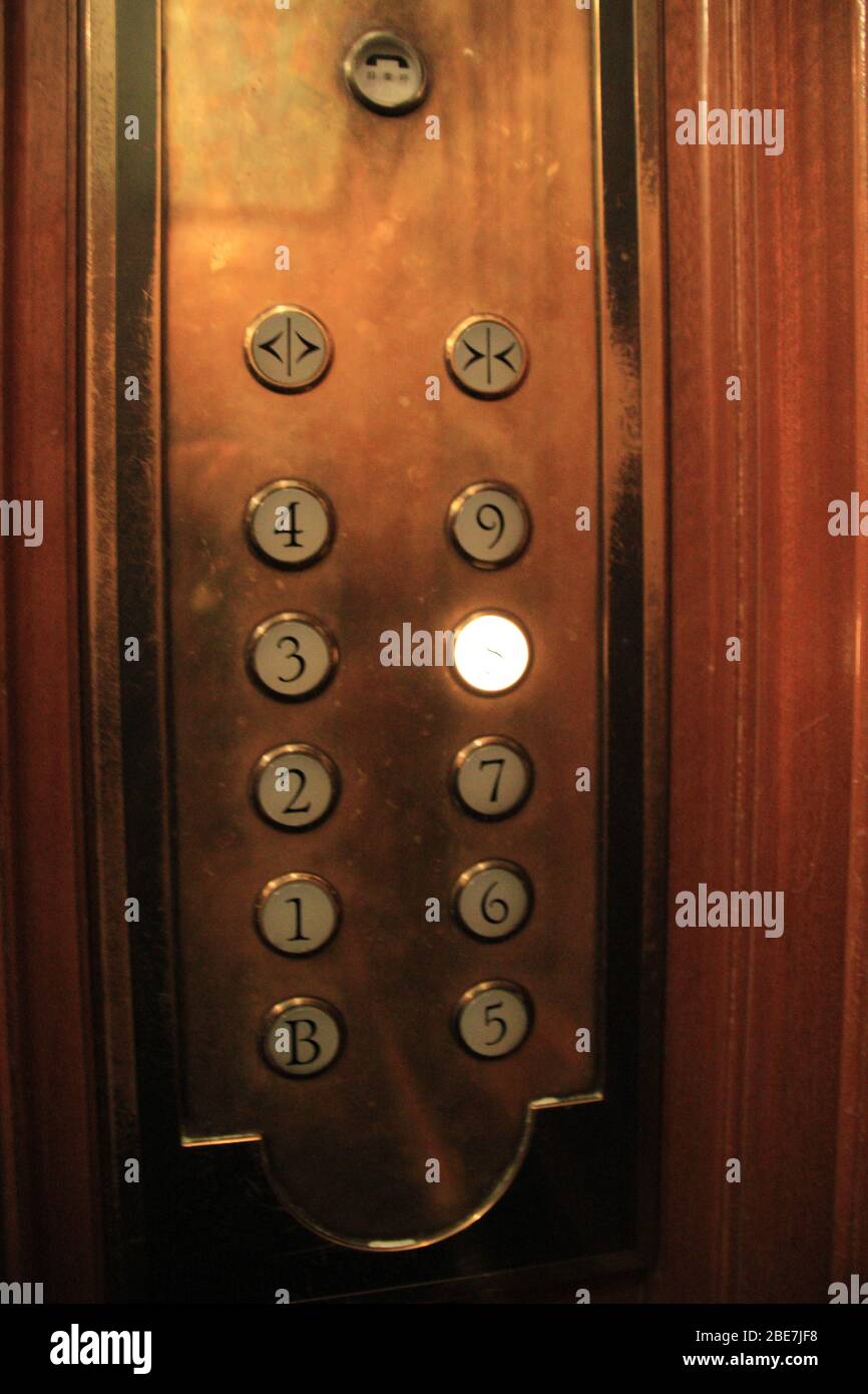 Buttons of a classic wooden lift Stock Photo - Alamy