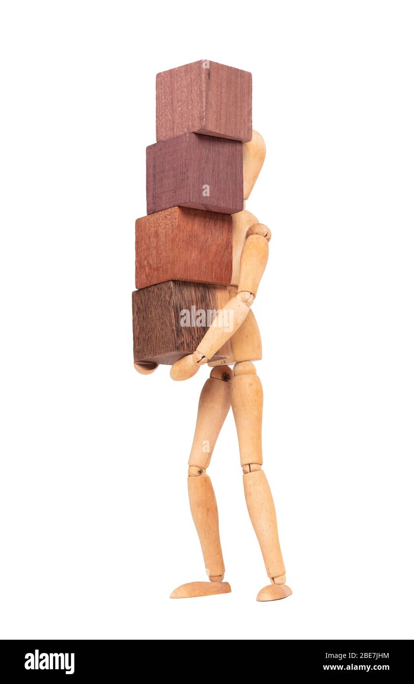 Wooden mannequin carrying wooden hardwood blocks, isolated on white ...