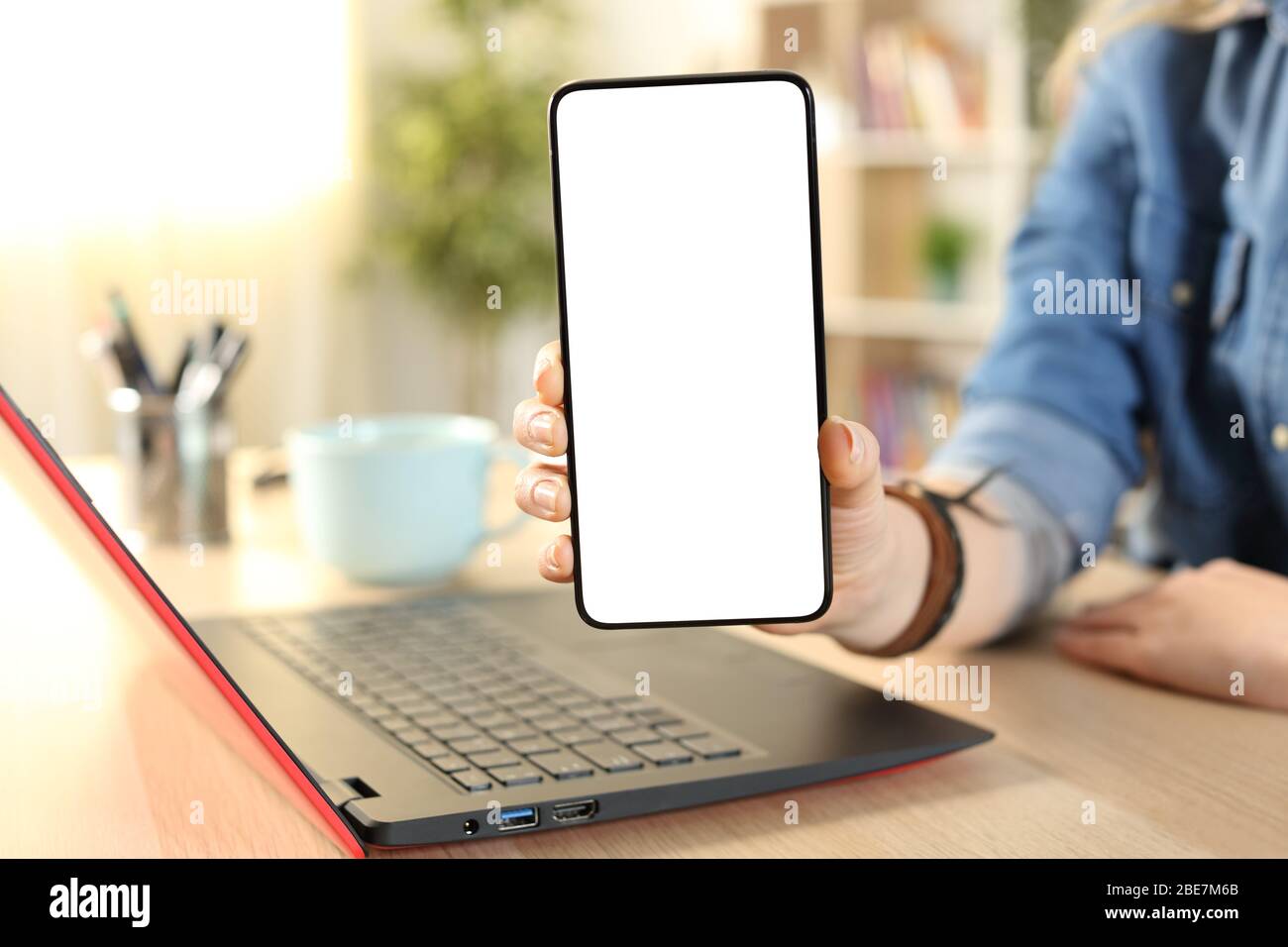 Close up of student girl hands showing blank smart phone screen on a ...