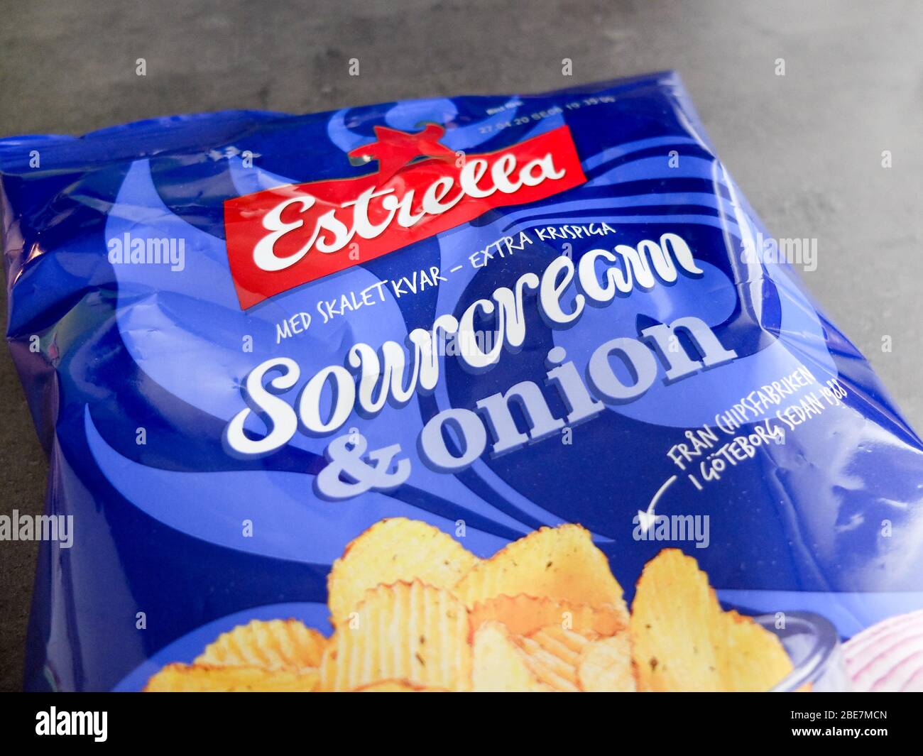 Estrella Sour Cream & Onions Swedish potato chips Stock Photo - Alamy