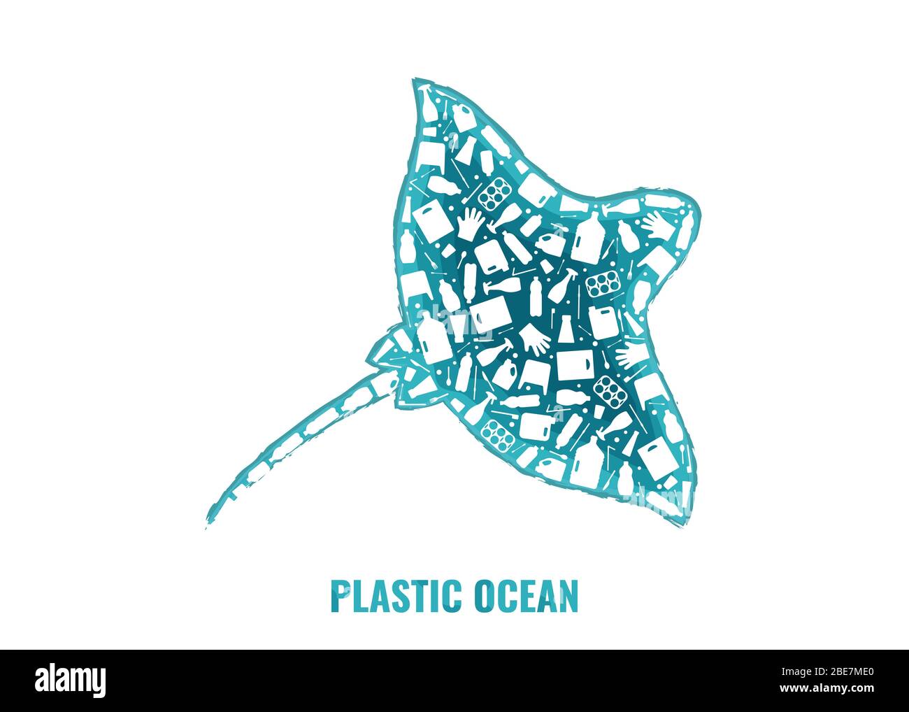 Plastic waste ocean environment problem concept illustration. Ray ocean ...